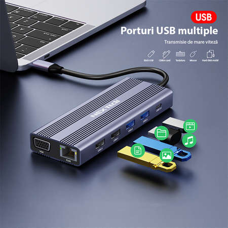Hub USB 12 in 1 NEX TECH® USB-C 4K HDMI, 1000Mbps, USB 3.0, SD, USB 2.0 ...