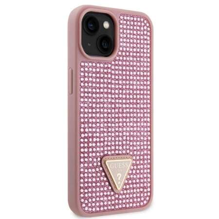 Husa Guess Rhinestones Triangle Metal Logo pentru iPhone 15 Roz ITGalaxy.ro