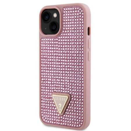 Husa Guess Rhinestones Triangle Metal Logo pentru iPhone 15 Roz ITGalaxy.ro
