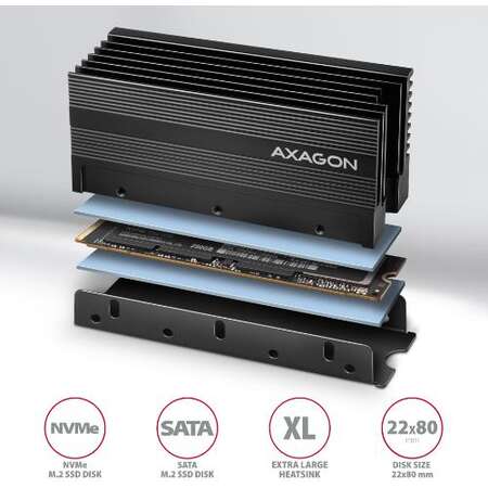 Cooler Pasiv AXAGON CLR-M2XL pentru M.2 SSD Suport SSD 80MM Aluminiu ...