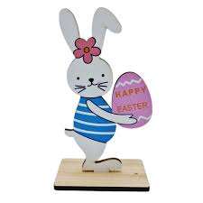 Figurina Din Lemn Cu Suport MicoStore Iepuras De Paste Cu Ou 15 cm Happy Easter Paste Fericit ...